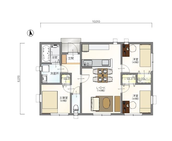標準プラン：HN-Atype 3LDK平屋｜厳選プラン｜いえとち工房｜加東・西脇・小野・加西・姫路・三木・たつの・太子・福崎・神戸市西区・垂水の予算内で叶う高性能なデザイン新築住宅